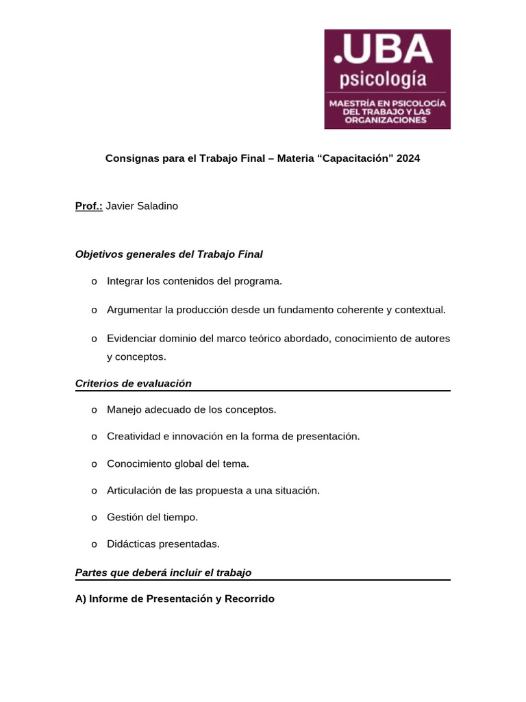 Consigna Trabajo Evaluativo U.B.A. Materia CapacitacioÌ_n 2024 - | PDF | Aprendizaje