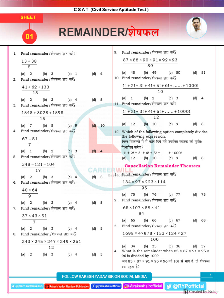 Remainder Theorem Sheet-01 483738 Crwill | PDF