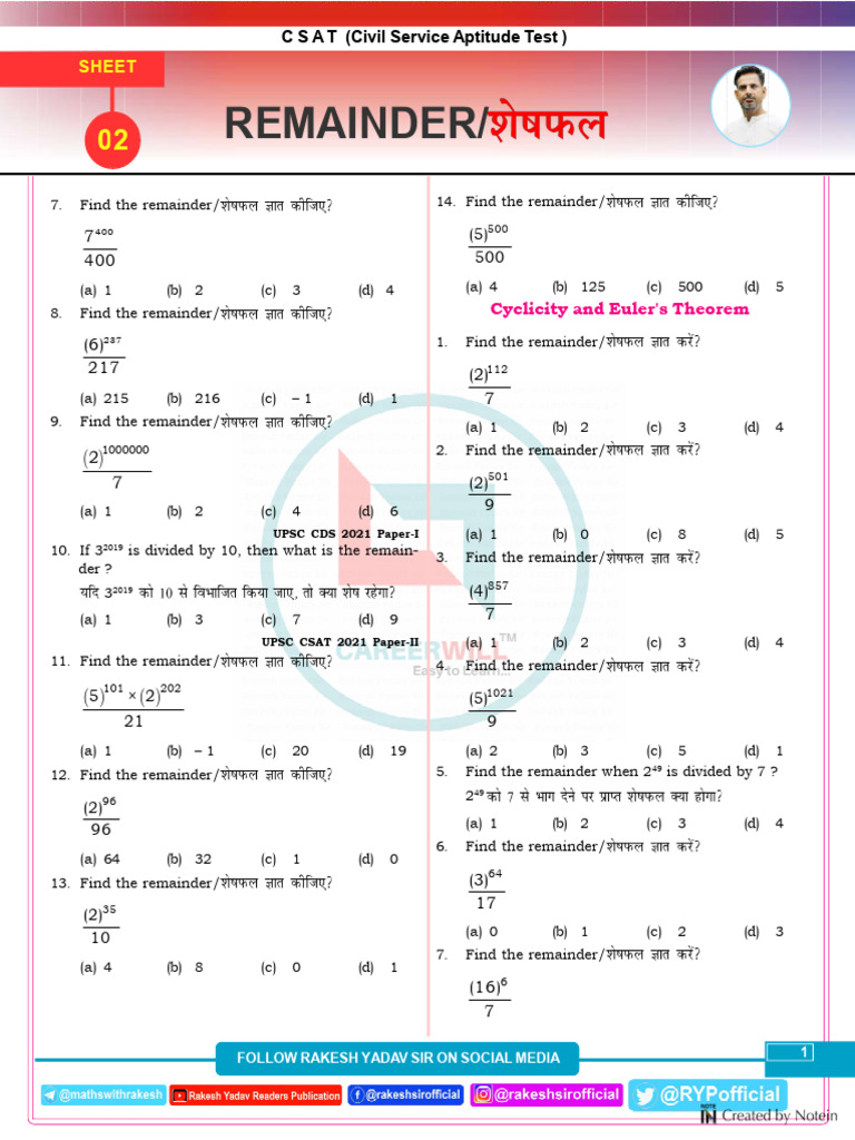 Remainder Theorem Sheet-02 484405 Crwill | PDF | Mathematics | Recreational Mathematics
