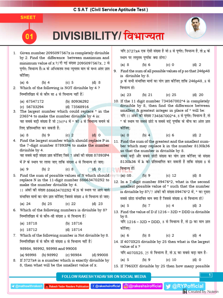 Divisibility Sheet-01 - 482685 - Crwill | PDF | Arithmetic | Discrete ...