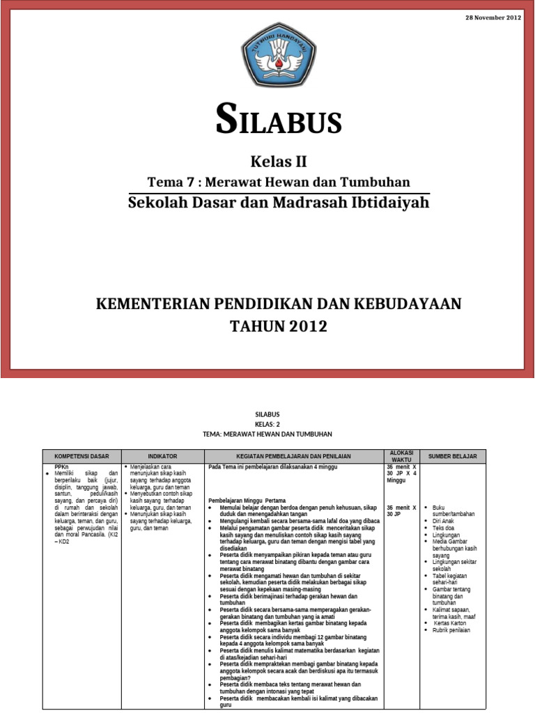 7. Silabus Merawat Hewan dan Tumbuhan kls II_ok | PDF