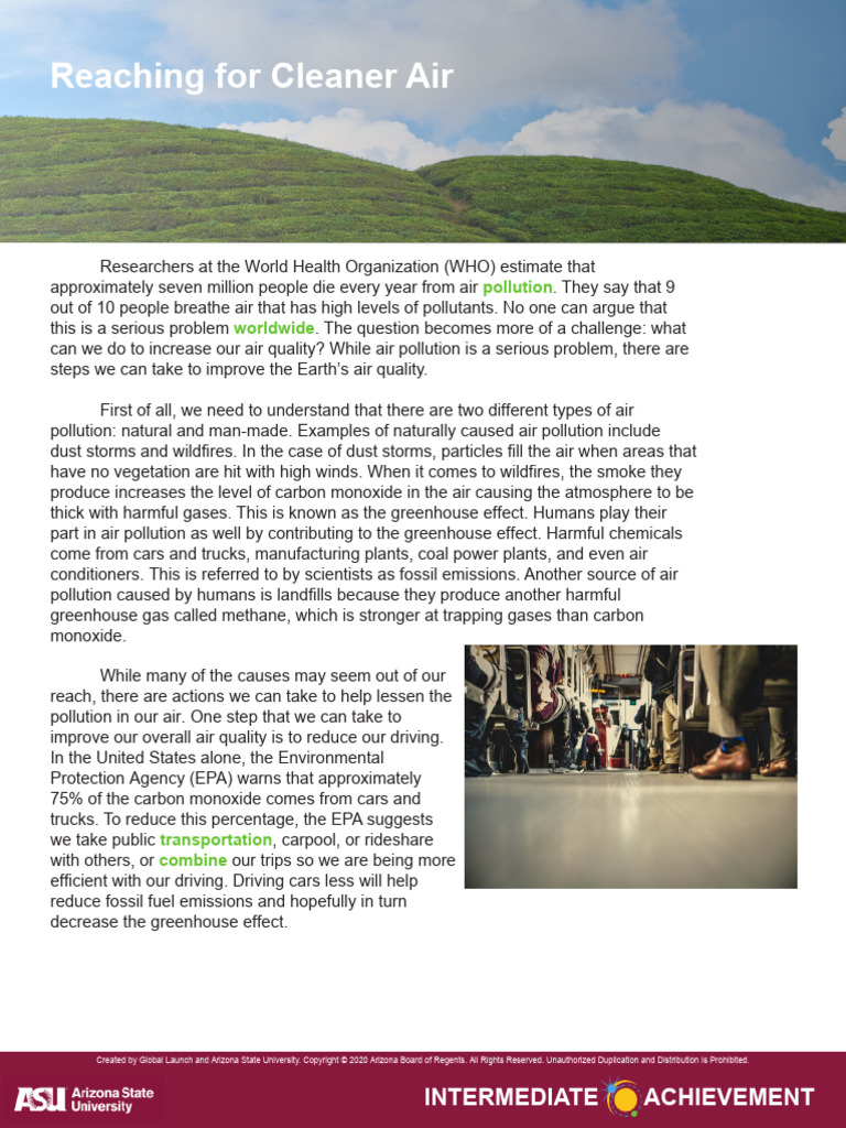 Unit 6 Sustainability Launch Pad 2 Reading - Reaching For Cleaner Air-1 | PDF | Air Pollution ...
