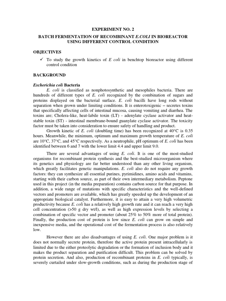 Experiment 2 - Batch Fermentation of E Coli in Bio Reactor | Download ...