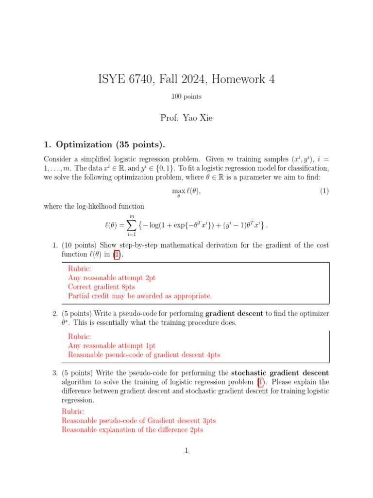 ISYE6740_Fall2024_HW4_Rubric | PDF | Mathematical Optimization | Dependent And Independent Variables