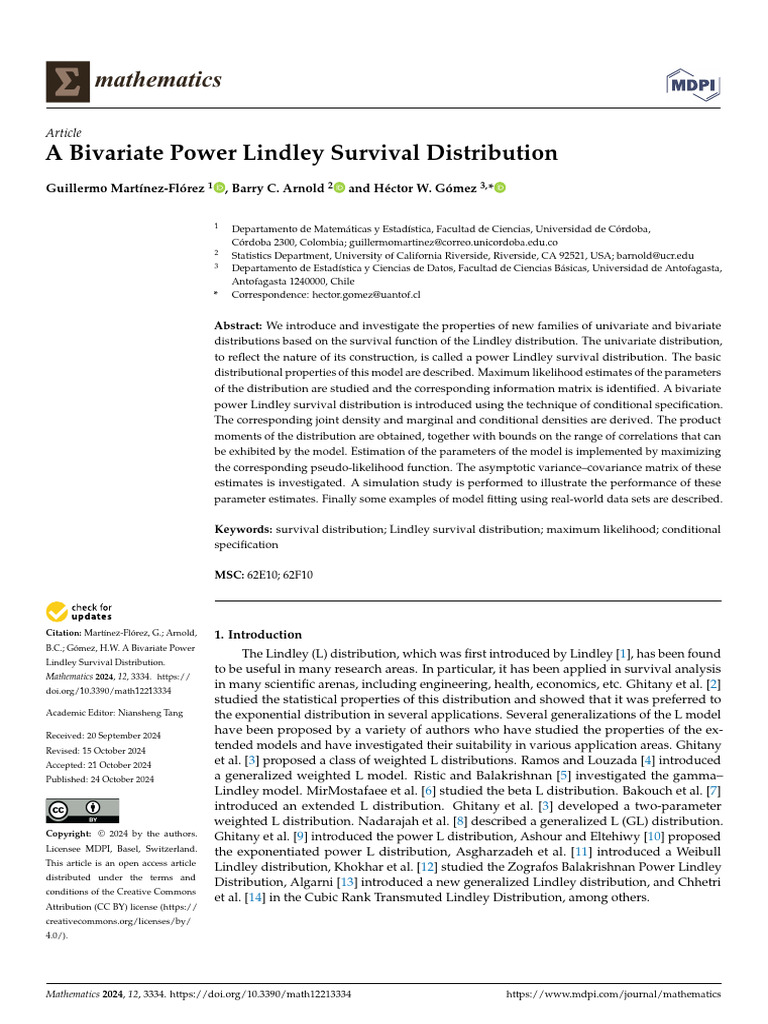 A Bivariate Power Lindley Survival Distribution | PDF | Statistical Models | Probability