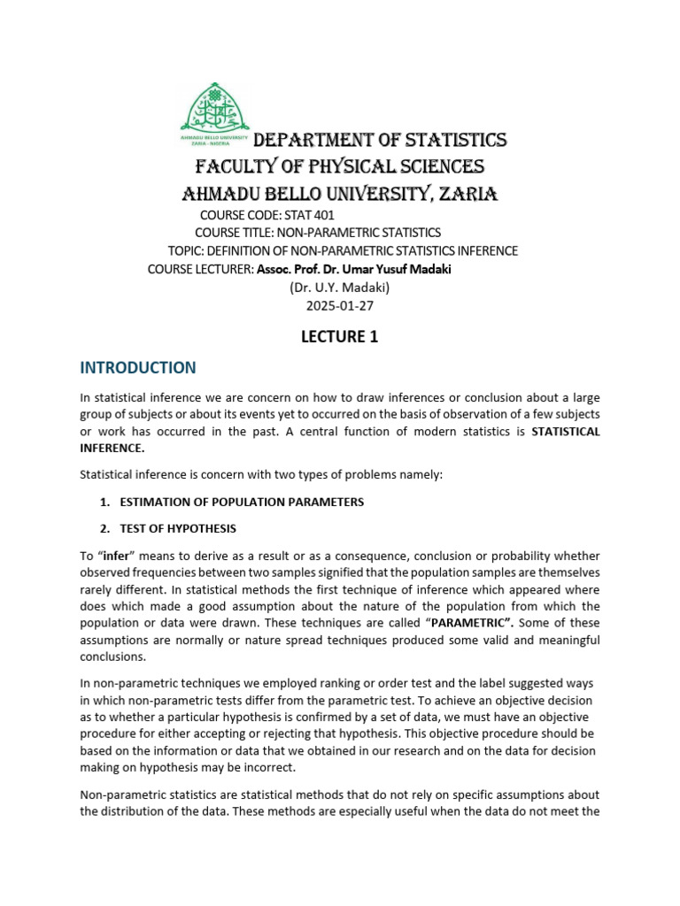 LECTURE 1 STAT 401-Non-Parametric ABU ZARIA | PDF | Nonparametric ...