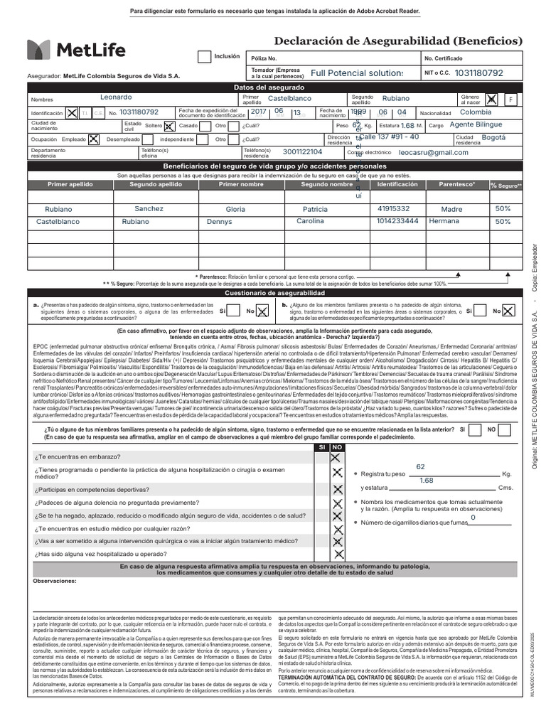 Mlvmeooc039 - 2-Col-Ed11 - 2025 Declaración de Asegurabilidad (Beneficios) | PDF | Seguro ...