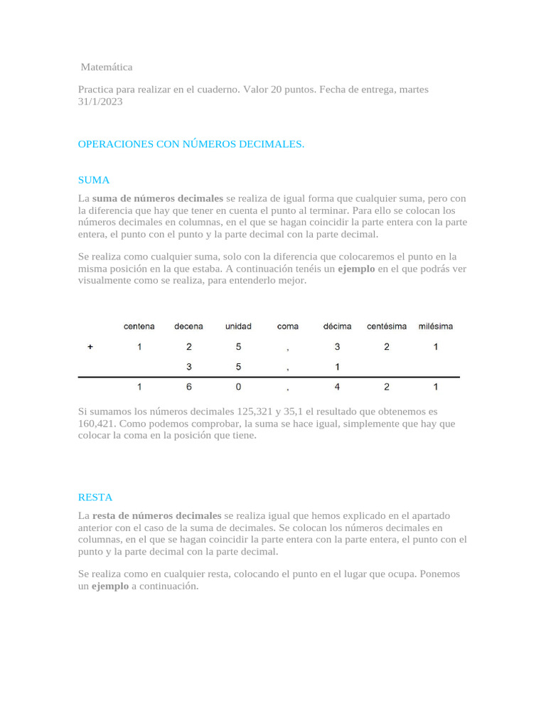 Operaciones con Números Decimales | PDF | Decimal | Multiplicación
