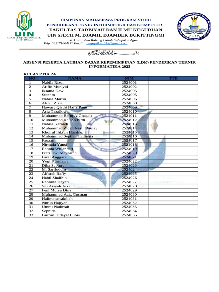 ABSENSI PESERTA LDK 2025 AA | PDF