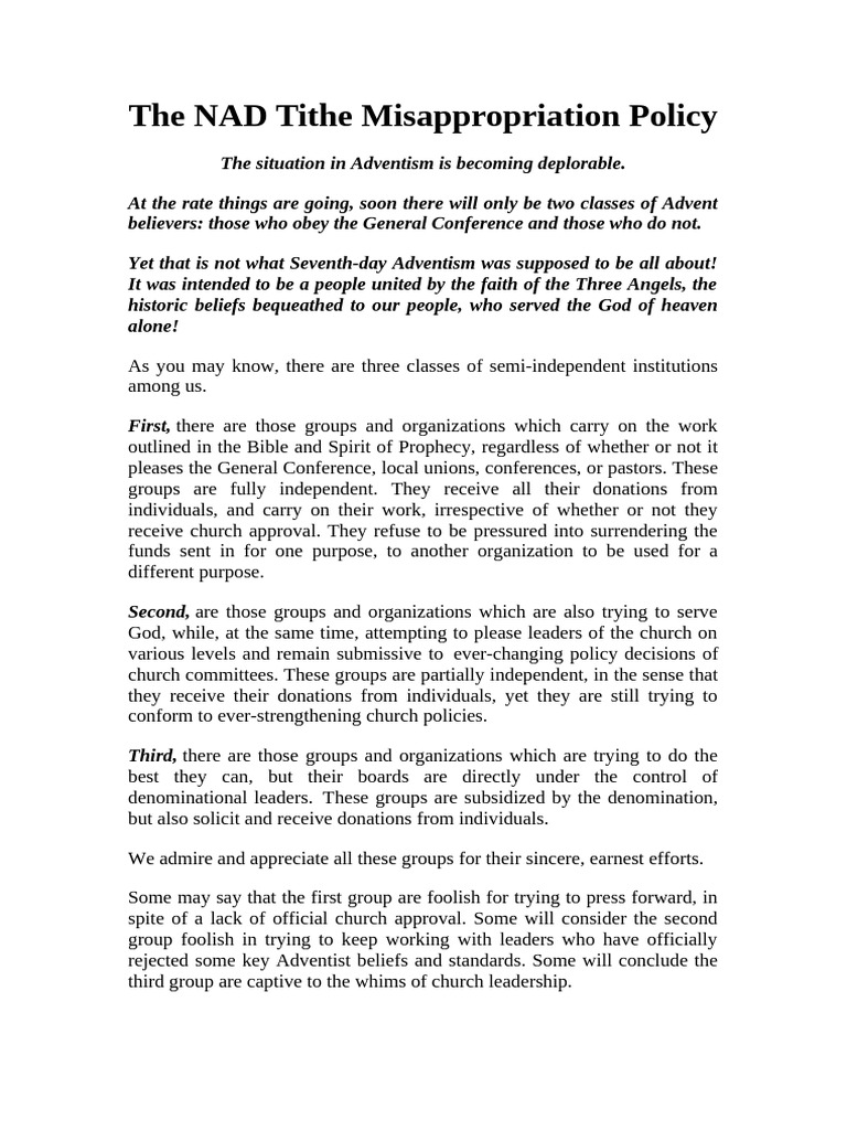 NAD Tithe Misappropriation Concerns | PDF | Seventh Day Adventist ...