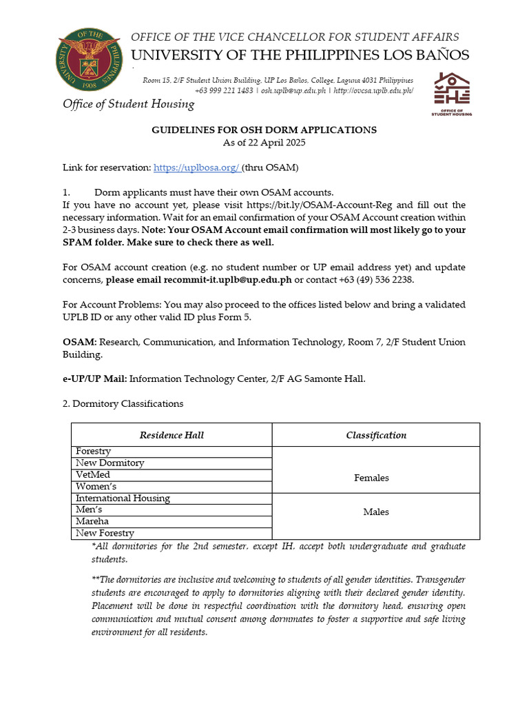 UPLB Dormitory Application Guidelines | PDF | Academic Term | Dormitory