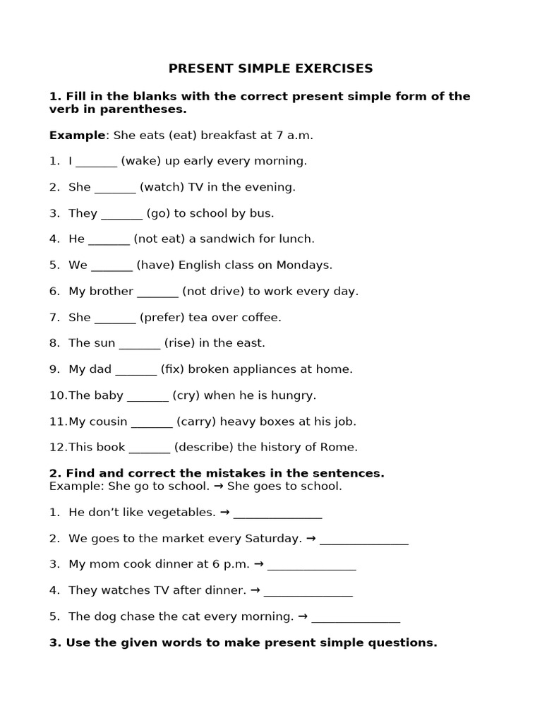 Present Simple Tense Exercises | PDF | Lunch | Eating Behaviors Of Humans