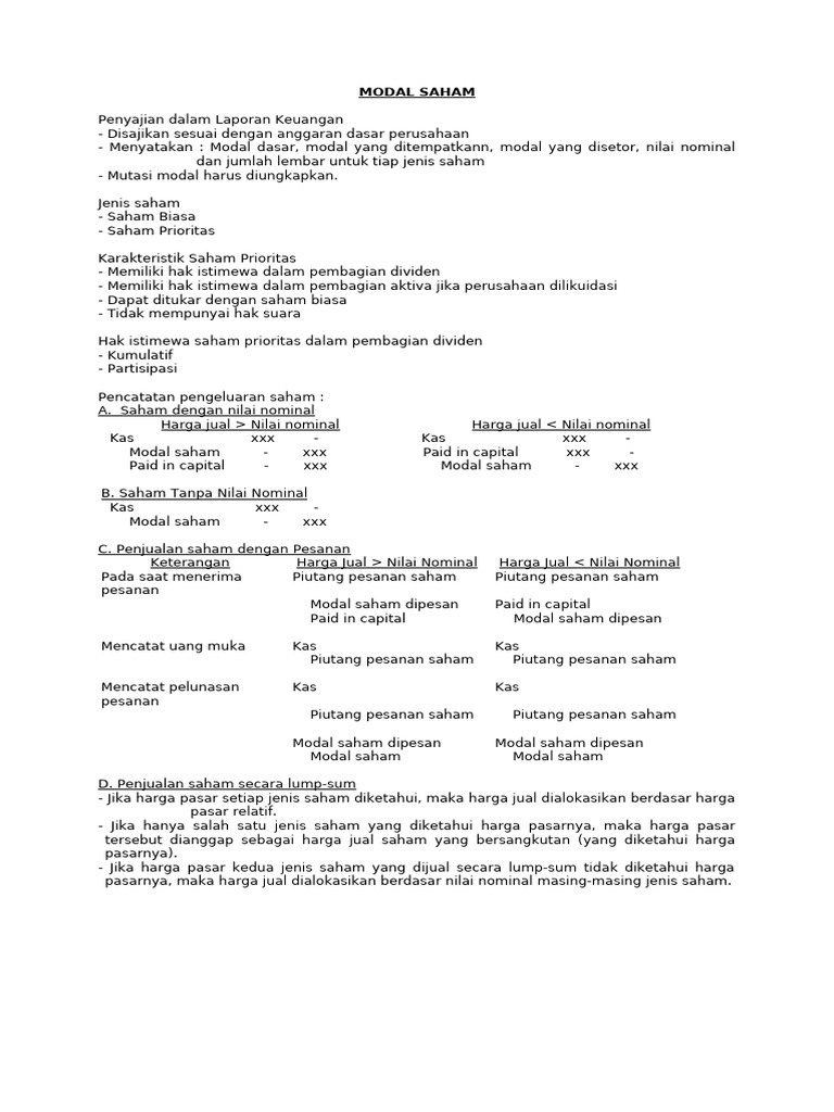 Modal Saham: Penyajian dan Jenisnya | PDF