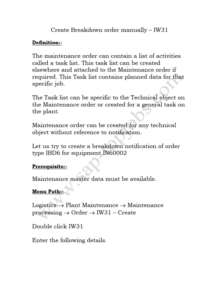 Create Maintenance Order with IW31 | PDF