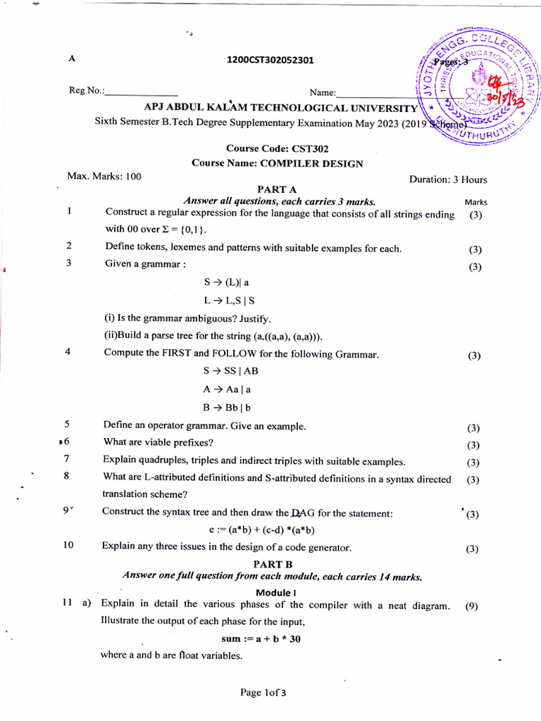 CST302 Compiler Design, May 2023 | PDF | Parsing | Computer Programming