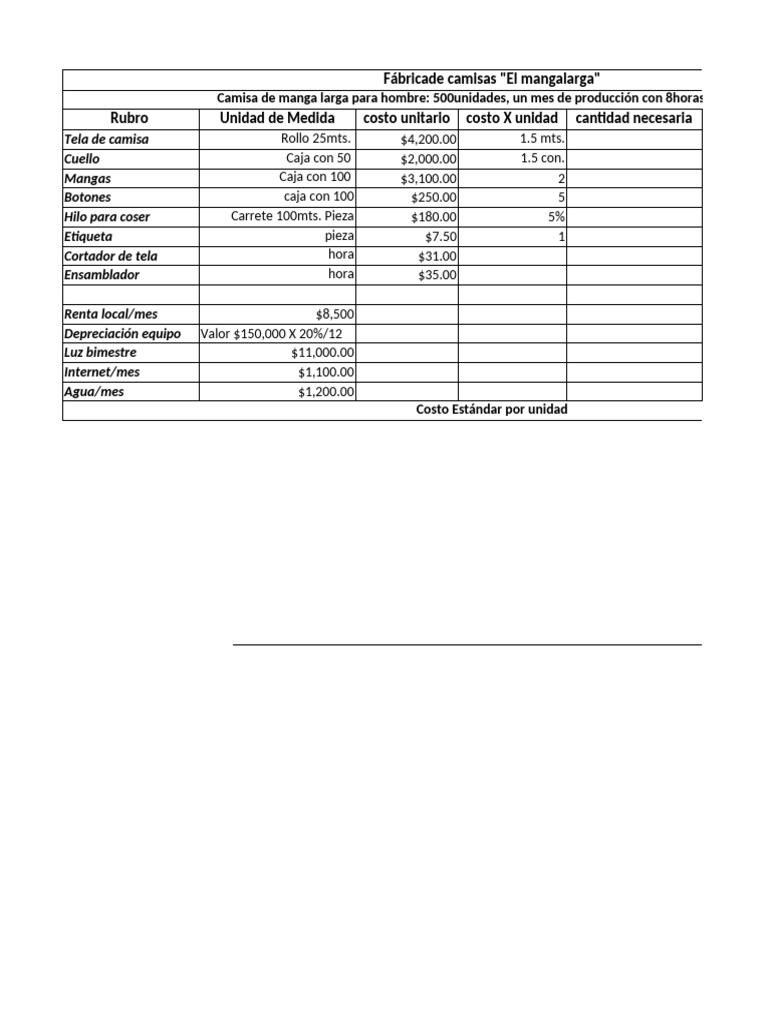Estándares Del Costo Ejercicio 2 | PDF