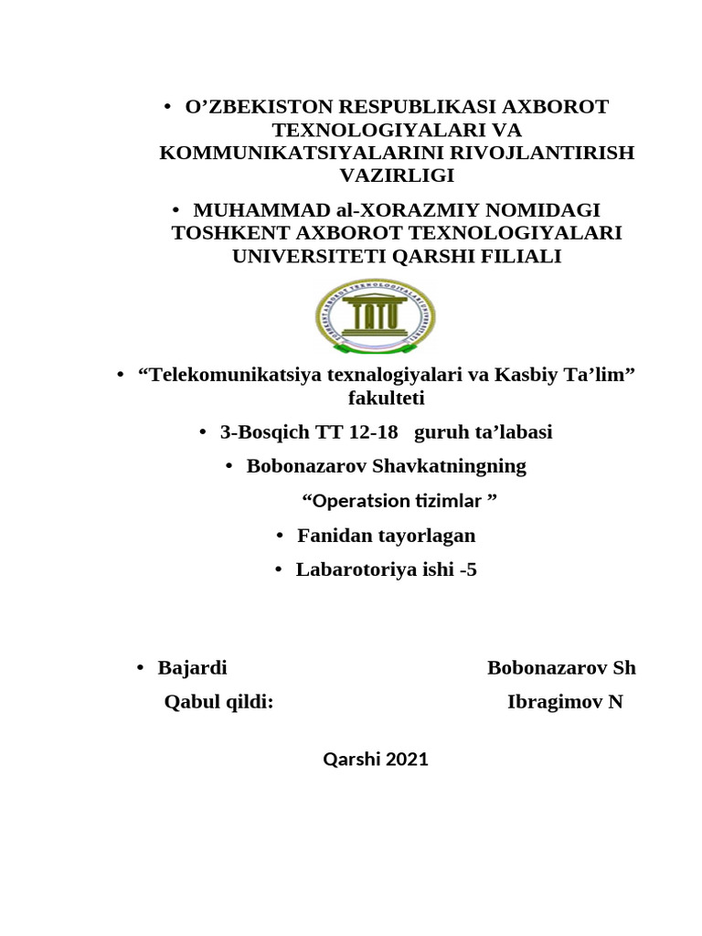 Op .Tizimlar 5 Lab-1 | PDF