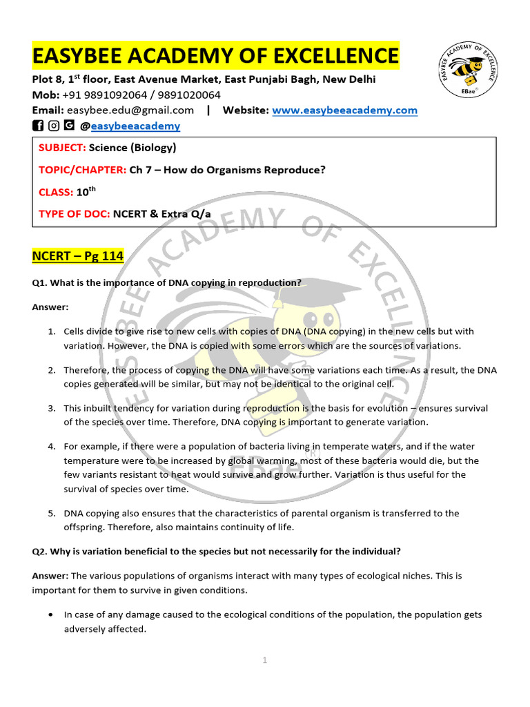 CH 7 - How Do Organisms Reproduce - NCERT & Extra Q&As - Easybeeacademy ...