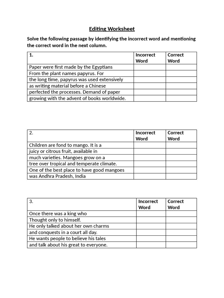 Editing Worksheet for Error Correction | PDF