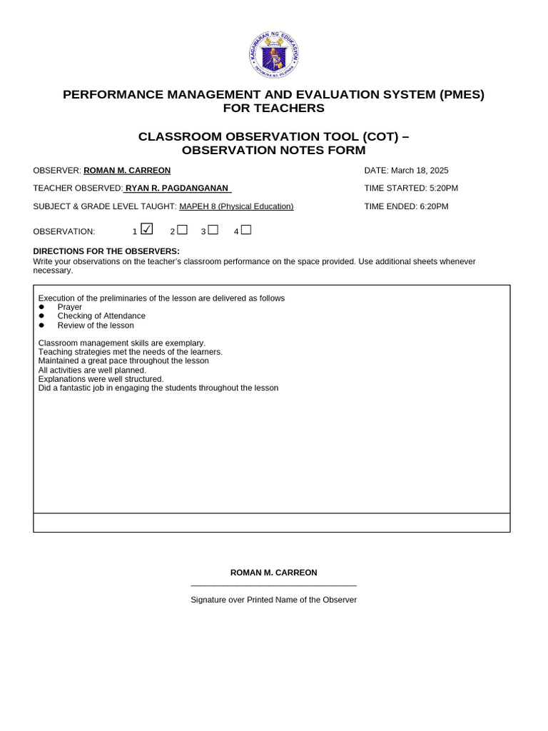 Annex C-7 - COT Observation Notes Form | PDF