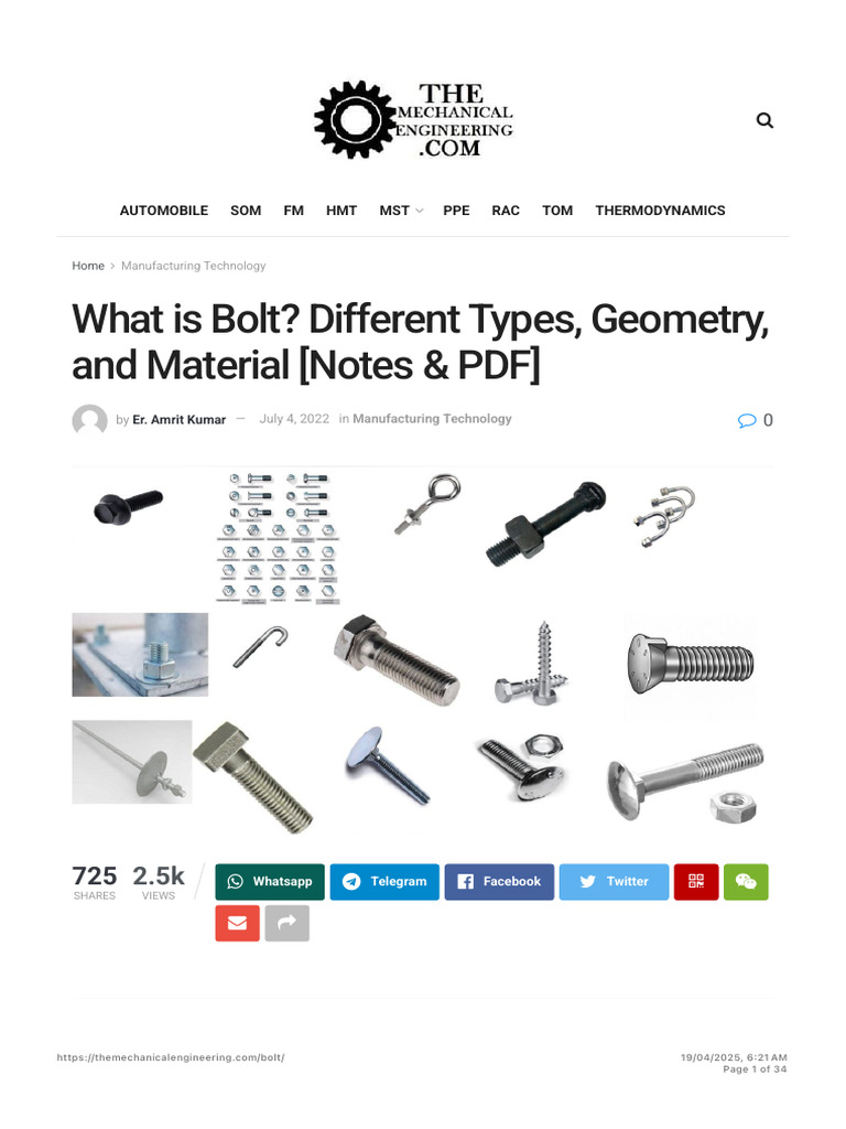 What is Bolt? Different Types, Geometry, and Material [Notes & PDF ...