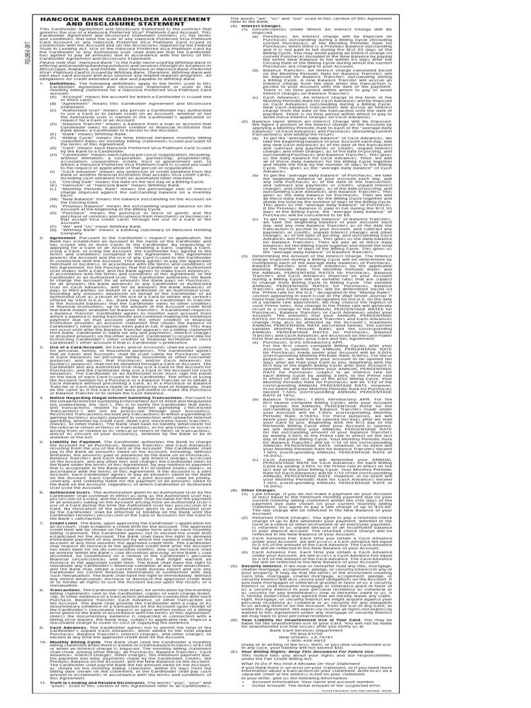 Visa Platinum Credit Card Cardholder Agreement Disclosure | PDF ...