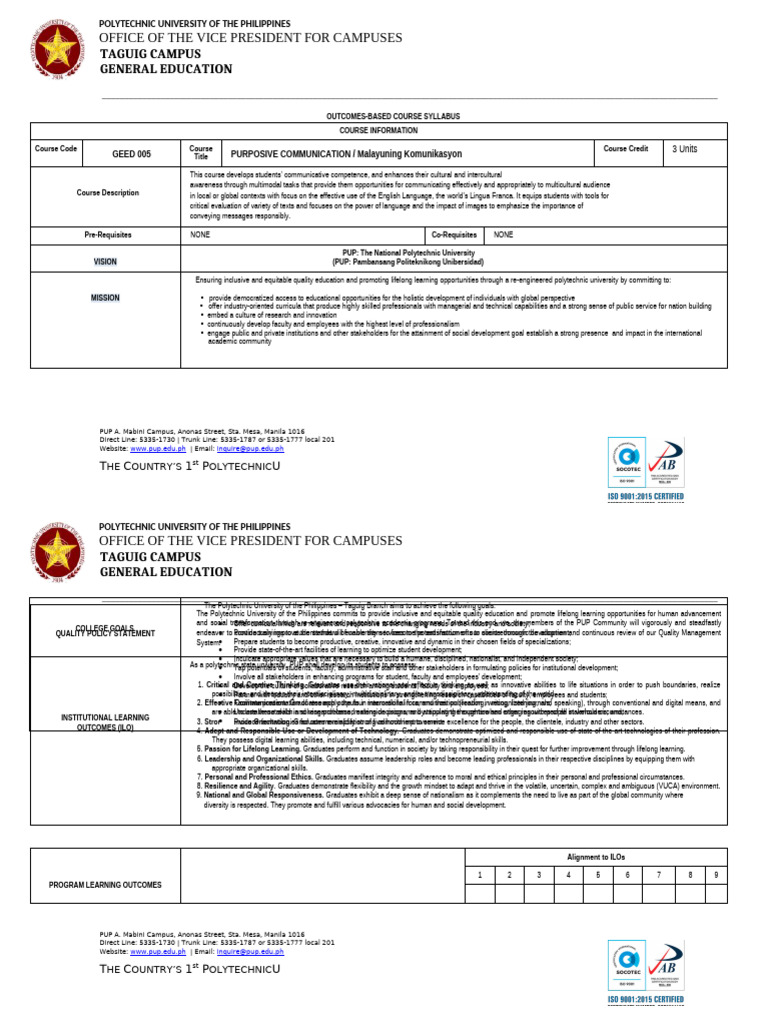 Purposive Communication Course Syllabus | PDF | Communication