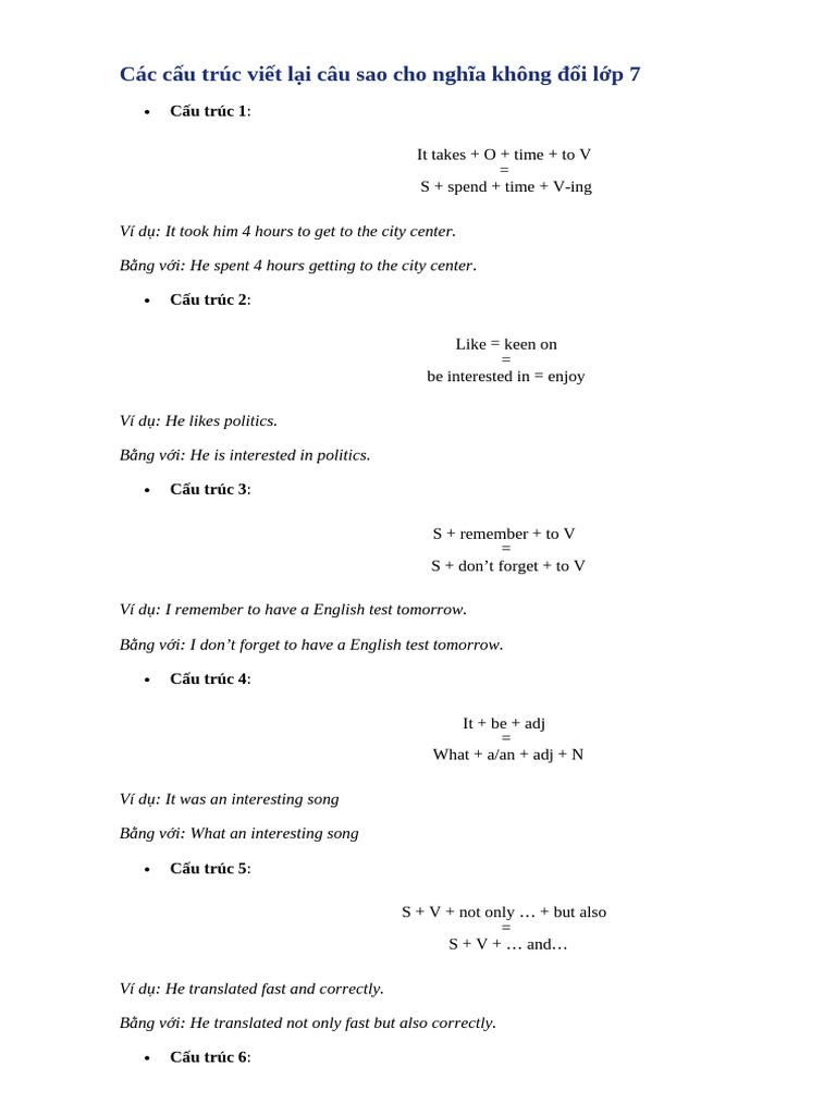 Các cấu trúc viết lại câu sao cho nghĩa không đổi lớp 7 hs | PDF