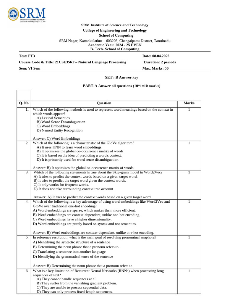 NLP CT2 Set B Answer Key | PDF | Glove | Statistical Classification