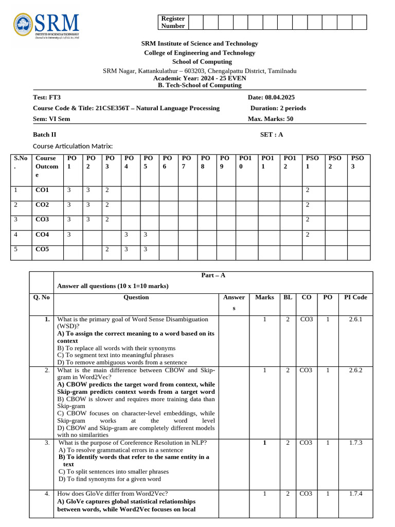 NLP - CT2 - SET A - Answer Key | PDF | Learning | Artificial Intelligence