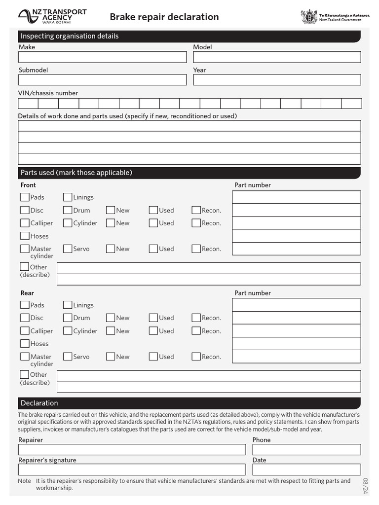 Brake Repair Declaration Form | PDF