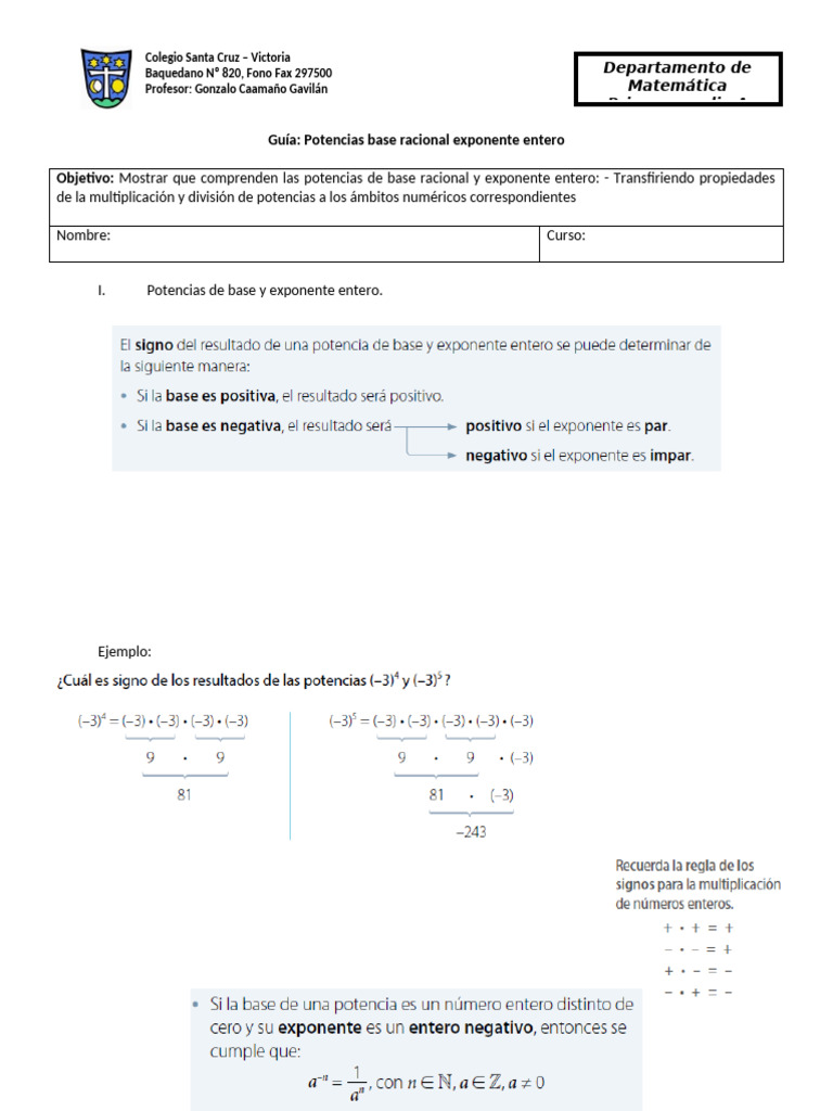 Guia para Prueba Potencias Base Racional Exponente Entero | PDF ...