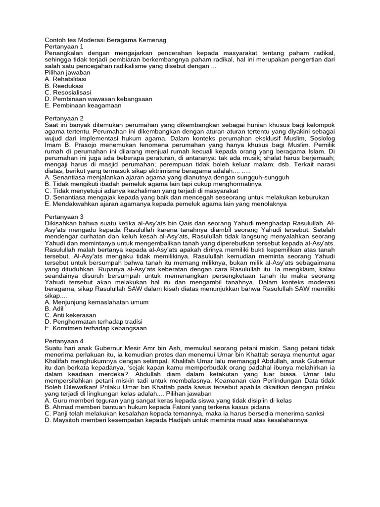 Contoh tes Moderasi Beragama Kemenag | PDF