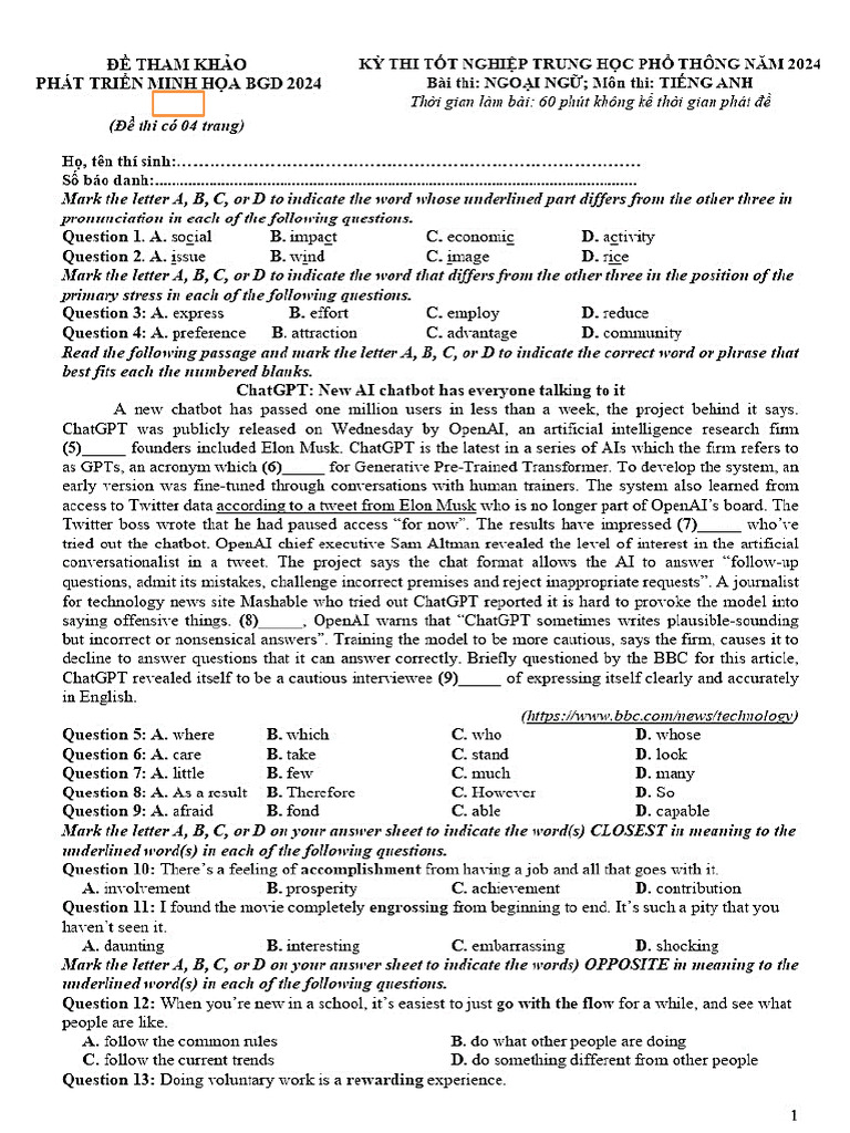 5 de Thi Thu Bam Sat Cau Truc de Minh Hoa TN THPT 2024 Mon Tieng Anh de 5 File Word Co Loi ...