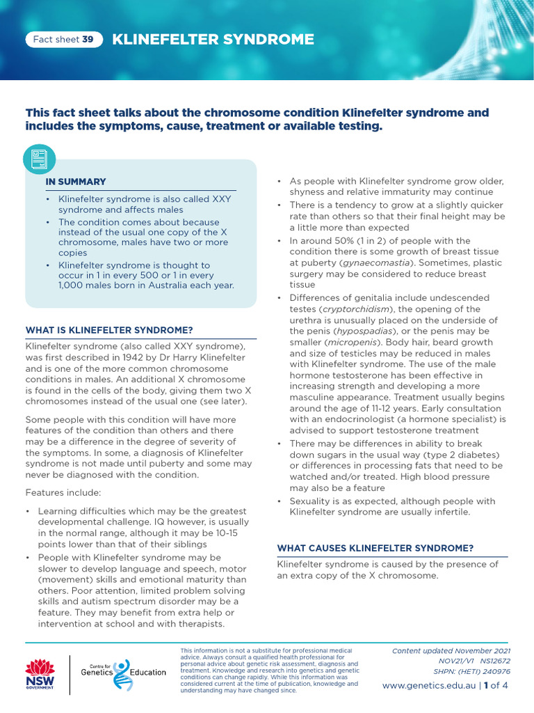 Understanding Klinefelter Syndrome (XXY) | PDF | Karyotype | Chromosome