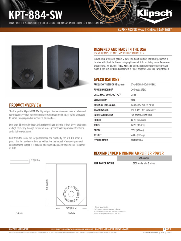 Klipsch KPT-884-SW Subwoofer Specs | PDF | Loudspeaker | Sound ...