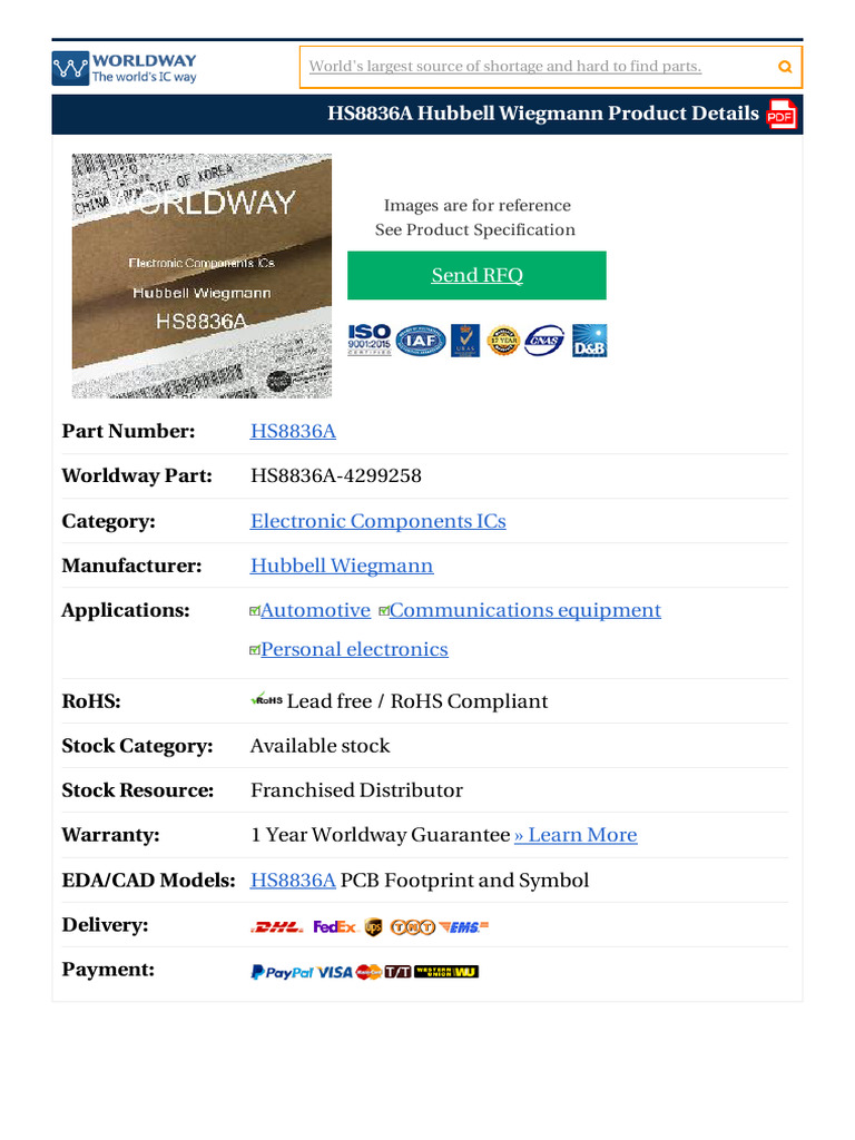 HS8836A Hubbell Wiegmann Product Details: Part Number: Worldway Part: Category: Manufacturer ...