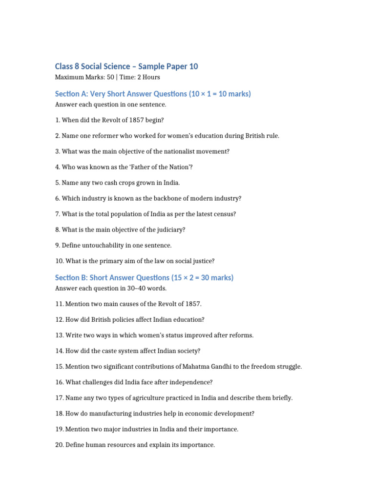 Class 8 Social Science Sample Paper 10 | PDF