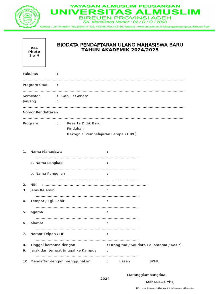 1 LBR Bio Data Daftar Ulang 2024 | PDF