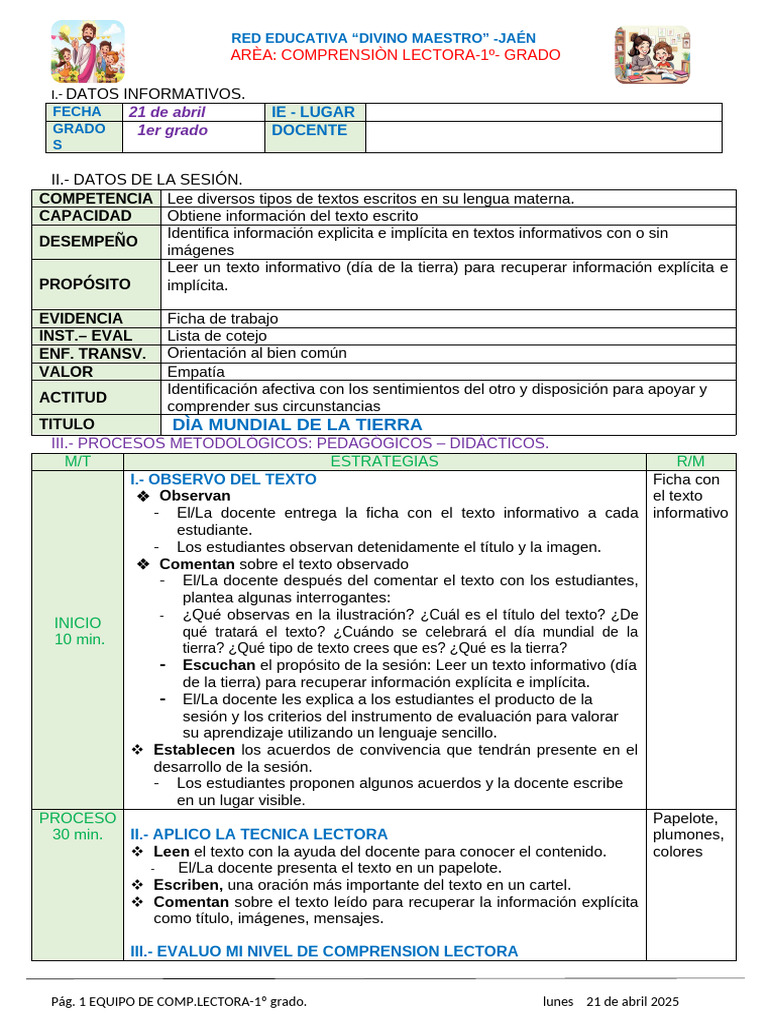 Iii-1g-Comp - Lectora - La Tierra - Sesión | PDF | Comprensión lectora ...
