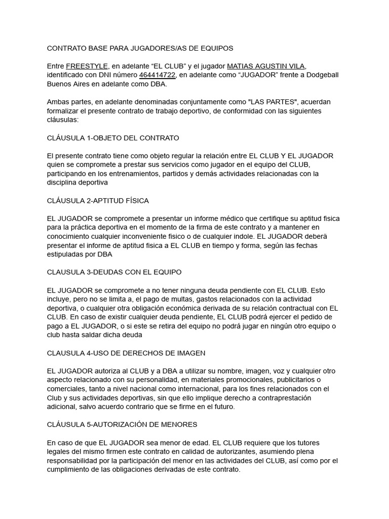 Contrato Base para Jugadores-As de Equipos | PDF