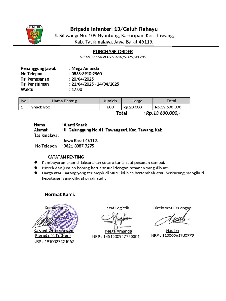 SKPO Pembelian Snack Box Tasikmalaya | PDF