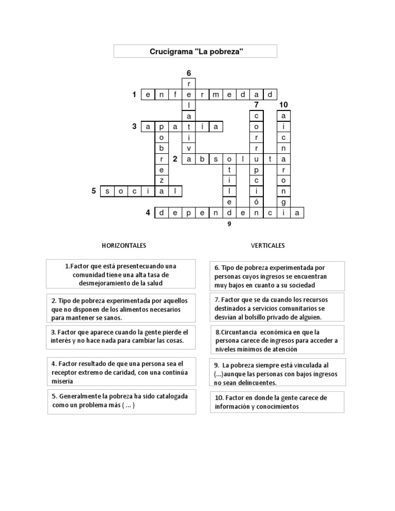 Crucigrama sobre pobreza y salud | PDF | Política | Estilo de vida