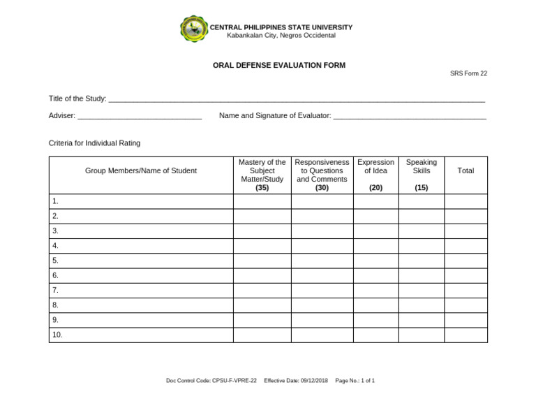 SRS Form 22 Criteria For Oral Defense | PDF