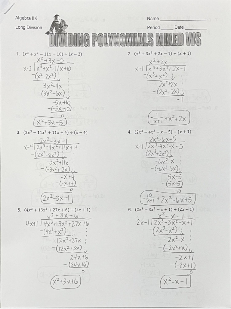 04-18-23 Dividing Polynomials Mixed WS (WELDING) KEY | PDF
