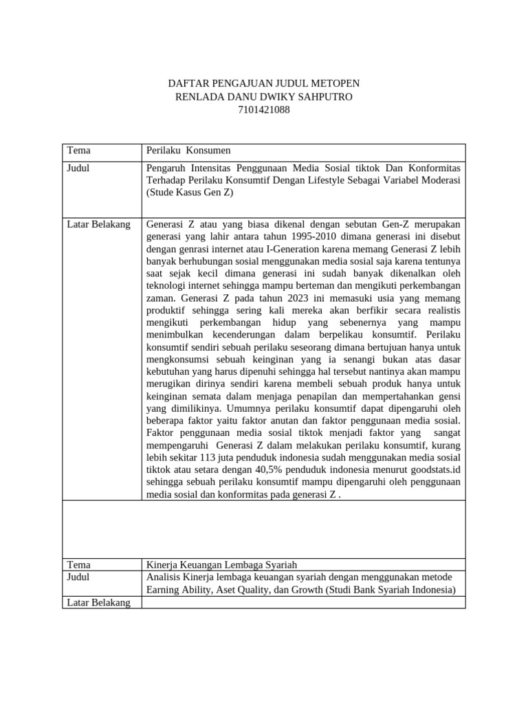 Daftar Pengajuan Judul Metopen | PDF