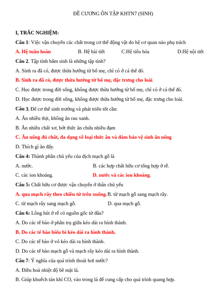 ĐỀ CƯƠNG GK2 KHTN 7 (SINH) | PDF
