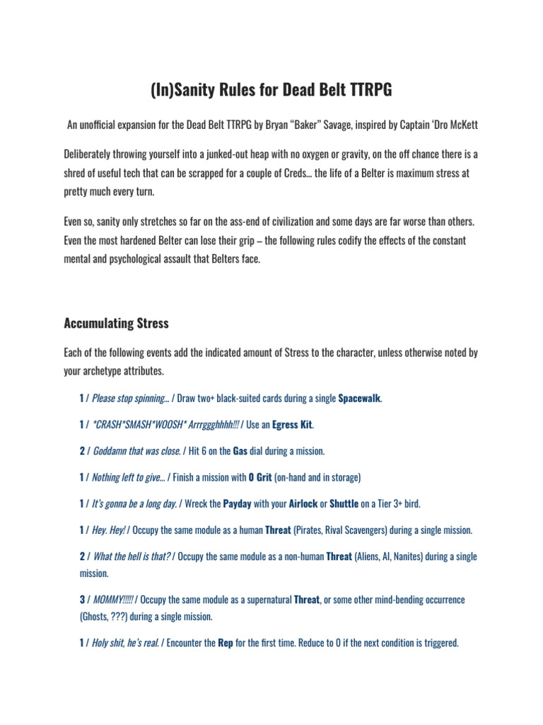 (In) Sanity Rules For Dead Belt TTRPG | PDF