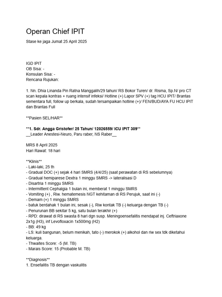 Operan ICU IPIT 25 April 2025 | PDF