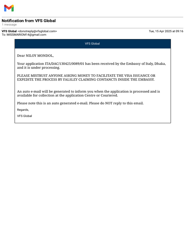 Gmail - Notification From VFS Global | PDF